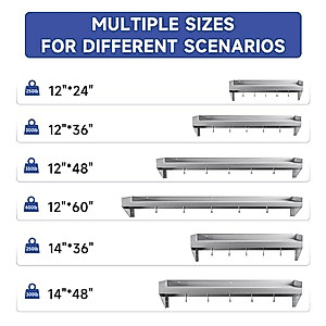 Halamine Stainless Steel Shelf, Metal Shelf 24 * 12 in, Stainless Shelf Wall Mounted Steel Floating Shelf with 5 Hook for Kitchen, Restaurant, Home, Bar, Laundry Room, Food Truck