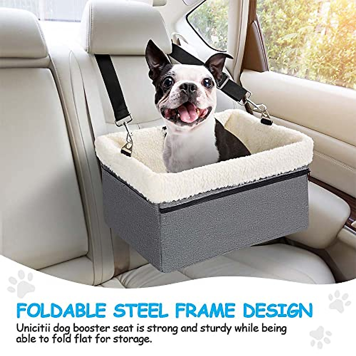 UNICITII Dog Car Seats for Small Dogs-Elevated Pet Dog Booster Seat for Dog,Raised Dog Lookout Car seat w/Clip-On Safety Leash Adjustable Pet Travel Seat