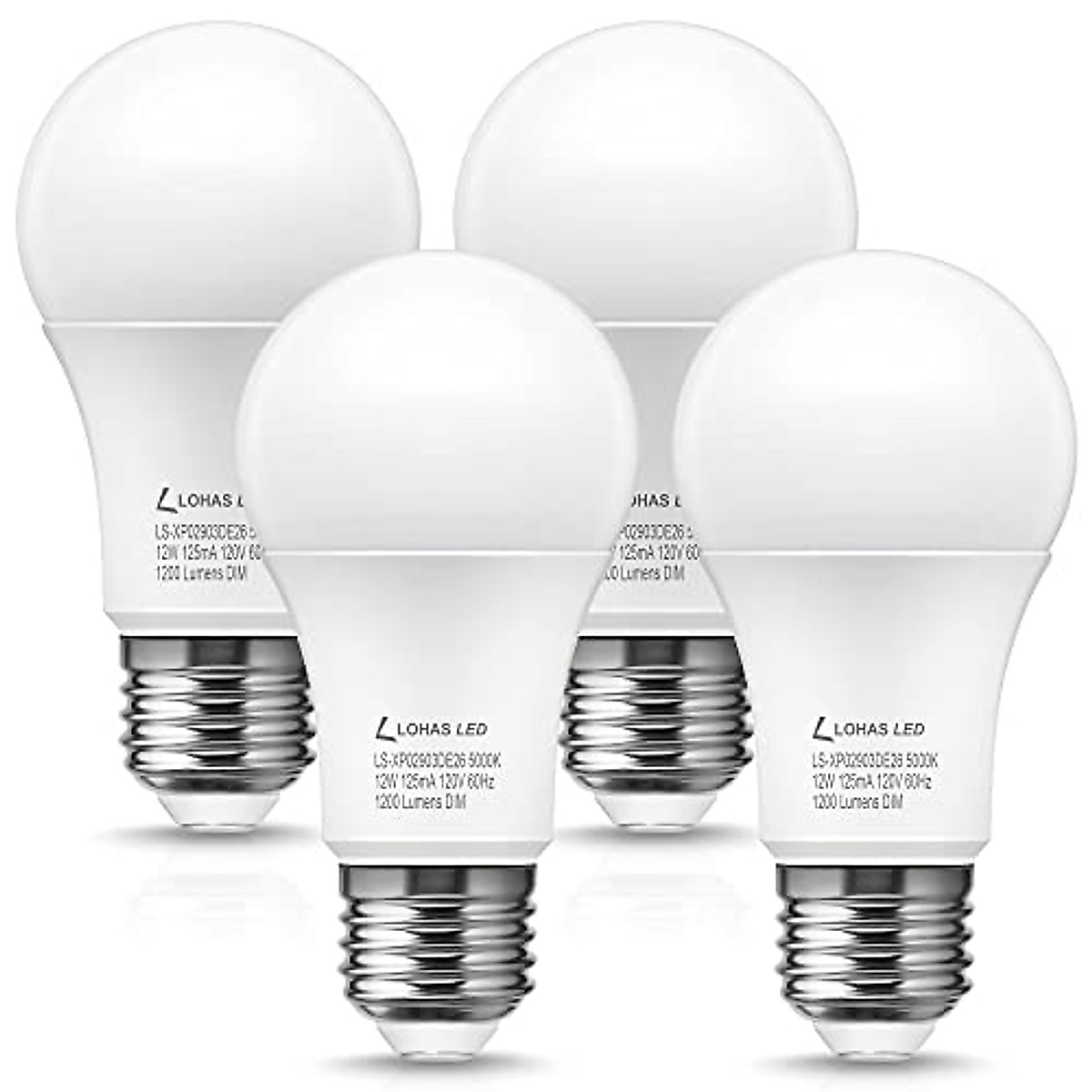 LOHAS A19 LED Light Bulb Dimmable, A19 LED Bulbs Daylight White 5000K, 12W 1200LM A19 Edison Bulb 75W Equivalent, E26 Standard Base LED Bulb Replacement, UL Listed, 4 Pack