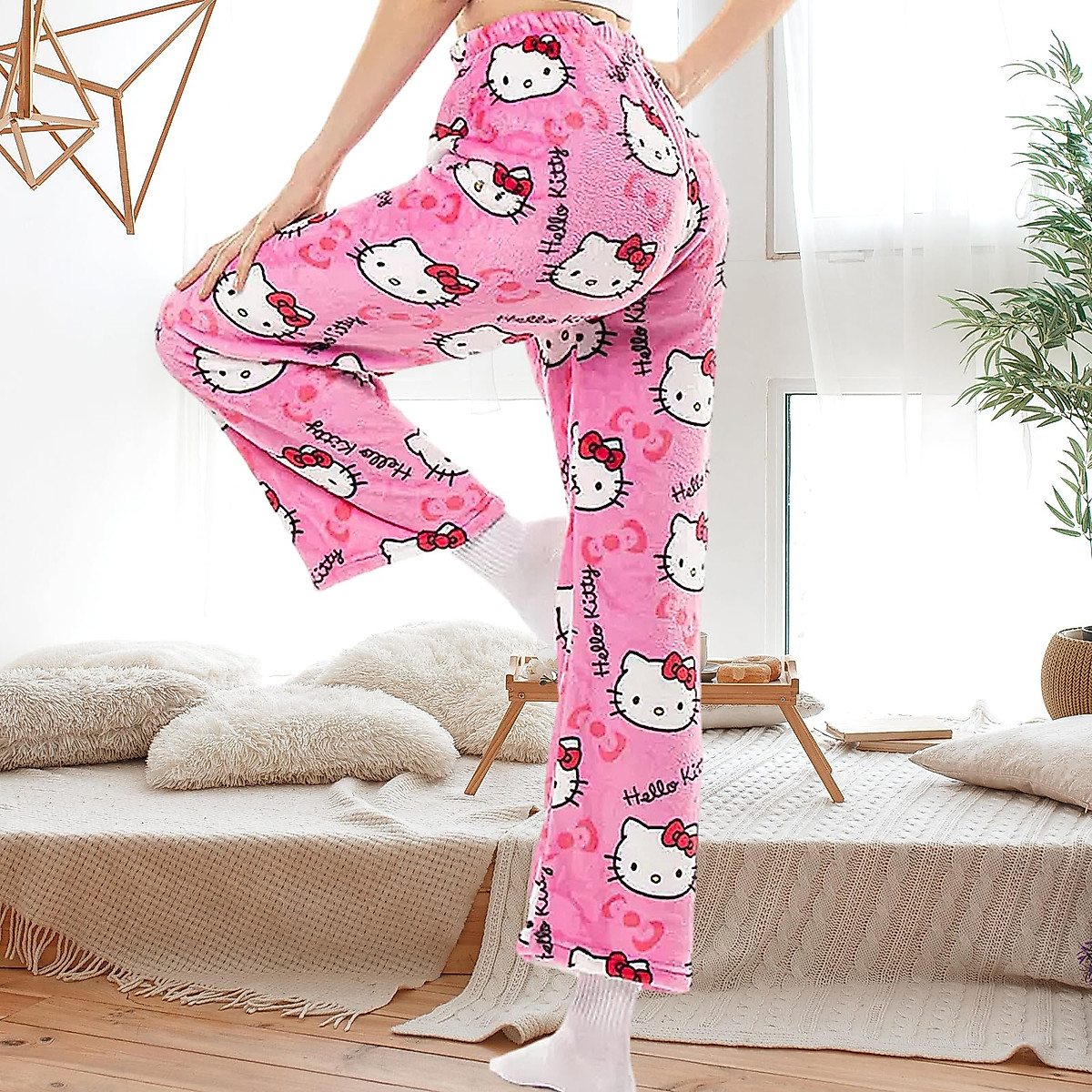 TONYOPT Anime Pajamas for Women Girls Cute Cartoon Cat Print Flannel Christmas Halloween Kawaii Casual Sleep Pajama Pants(M,Rose red)