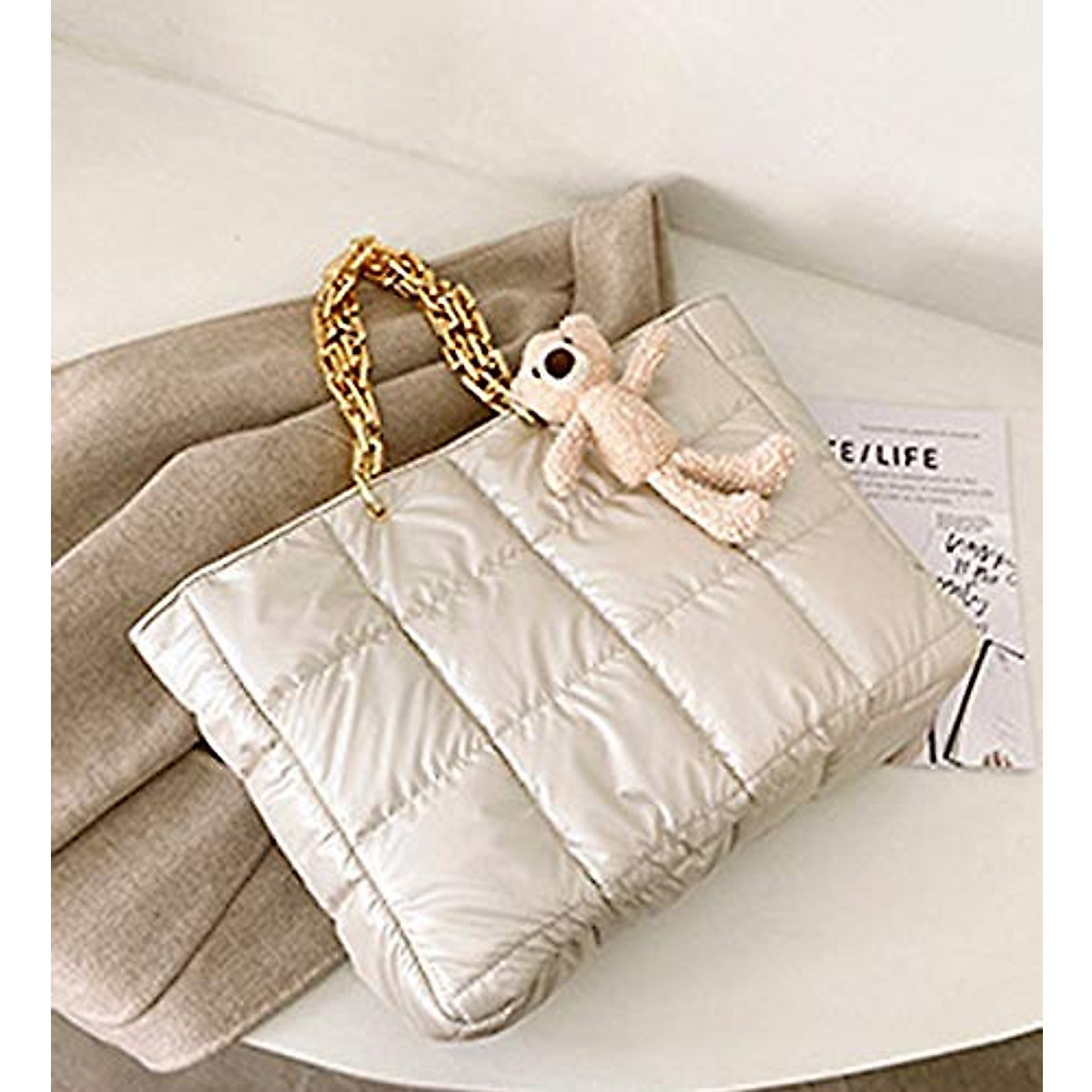 QZUnique Women Shoulder Bags Bread Bear Handbag Underarm Tote Bag Down Large Capacity Tote Handbags