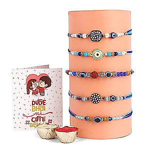 SATVIK 5 Pc Evil Eye Rakhi for Brother Bhaiya Bhabhi Traditional Handmade Assorted Designer Rakhi Set Roli Chawal, Greeting Card & Soun Stickers Rakhi Thread Rakhdi Bracelets Rakshabandhan