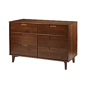 Walker Edison Mid Century Modern Grooved Handle Wood Dresser Bedroom Storage Drawer Organizer Closet Hallway, 6 Drawer, Walnut