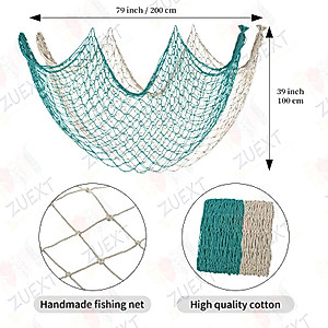 ZUEXT Beige & Aqua Decorative Fishing Net 80x40 Inch, 2PCS Large Picture Fish Net, Pirate Mermaid Net for Nautical Ocean Themed Under The Sea Party, Wall Hanging Fishnet for Photo Display