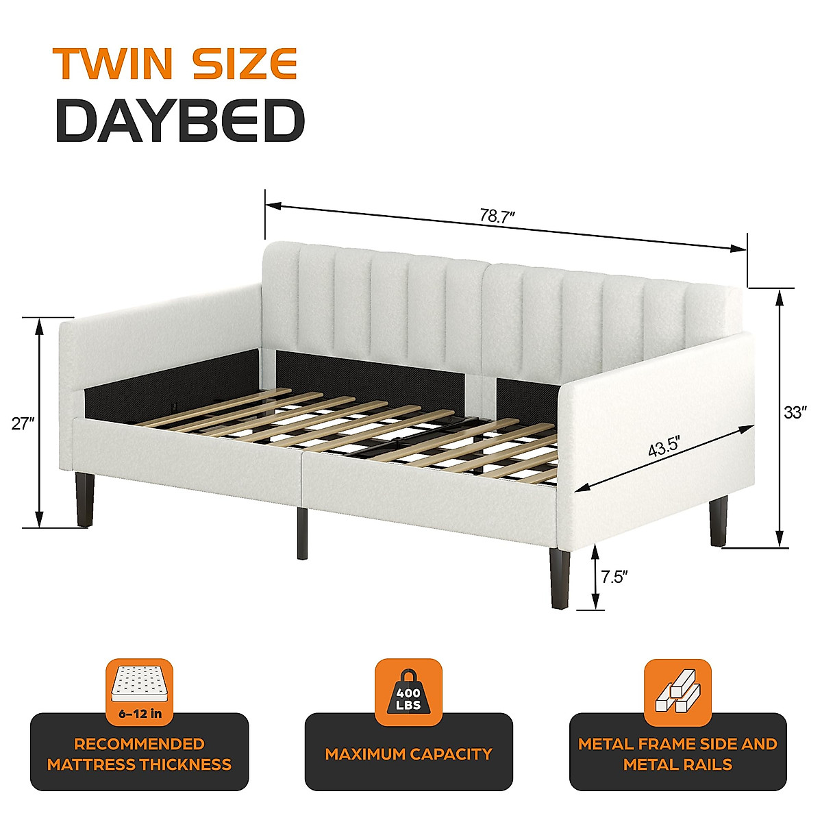 LifeSky Daybed Twin Size Upholstered - Boucle Tufted Day Bed Frame for Living Room White