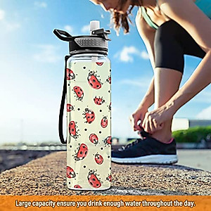 Wusikd Ladybug Water Bottle Tritan BPA-Free Drink and Straw Leakproof Motivational Yellow Drinking Water Bottles with Carrying Strap for Office, Gym, Outdoor Sports