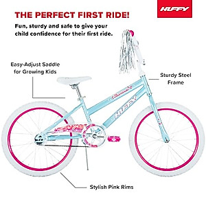 Huffy Illuminate 20” Girl’s Bike, Sky Blue Frame with Butterfly Graphics, Kickstand Included, Streamers and Chain Guard, White Tires and Pink Rims