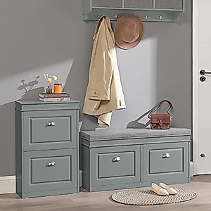 Haotian FSR64-HG, Grey Storage Bench with 2 Flip Drawers & Padded Seat Cushion, Hallway Bench Shoe Cabinet Shoe Bench, Hidden Shoe Rack Bench for Hallway, Bedroom