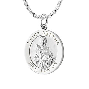 US Jewels Ladies 925 Sterling Silver 18.5mm Saint Agatha Medal Pendant 1.5mm Rope Chain Necklace, 18in