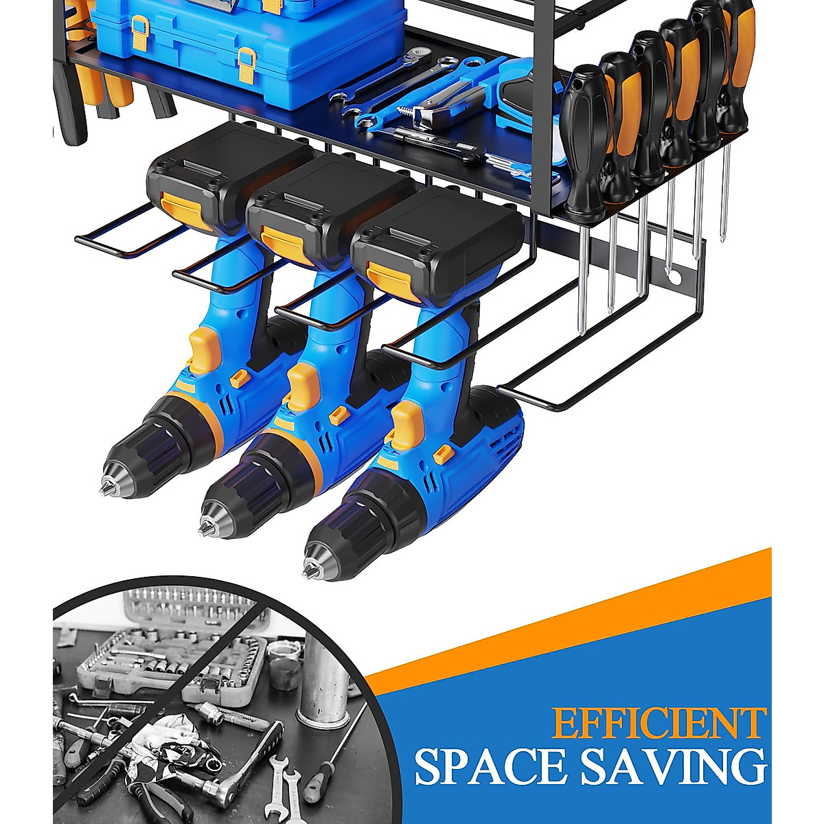 LIONONLY Power Tool Organizer Wall Mount Tool Storage Rack Holds 200 Lbs, GarageTool Organizers with 8 Drill，Wall Mount Drill Holder Rack for Easy Installation, 2 PACK