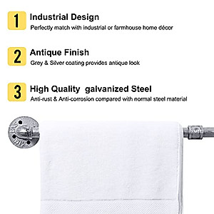 HouseAid 48 Inch Industrial Pipe Towel Bar, Farmhouse Iron Hand Towel Holder, Vintage Style Towel Rod for Bathroom, Wall Mounted, Antique Silver (Hook Included)