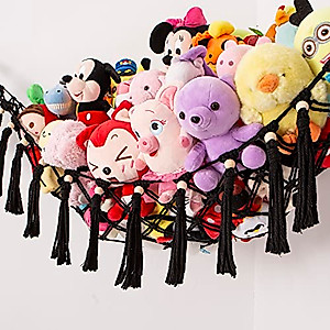 MAKEONEWO Stuffed Animal Toy Hammock Hanging- Macrame Toy Hammock with Tassels-Stuff Animals Organizer Storage Boho Large Corner Plush Toys Net Holder for Nursery, Play Room, Kids Bedroom (Black), 1 Pack