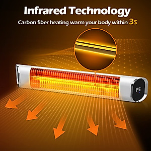 Infrared Patio Heater Electric Outdoor Heater 3s Instant Warm Quiet Gold Tube with 9 Level Temperature Remote Control 24-Hour Timer LED Display, Wall-Mounted for Room, Garage, Courtyard