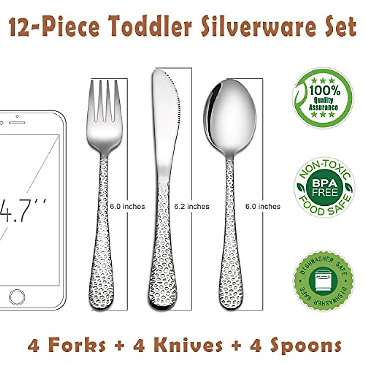 12-Piece Toddler Kids Silverware Set, HaWare Stainless Steel Hammered Flatware Cutlery, Children Tableware Includes 4 Spoons 4 Forks 4 Butter Knives, Ideal for Preschooler, Dishwasher Safe