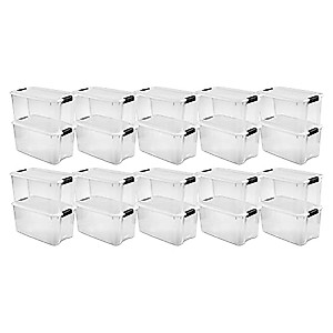 Sterilite 70 Quart Ultra Clear Plastic Stacking Storage Container Tote with Latching Lid for Home Organization in Garage, Attic, or Closets, 20 Pack