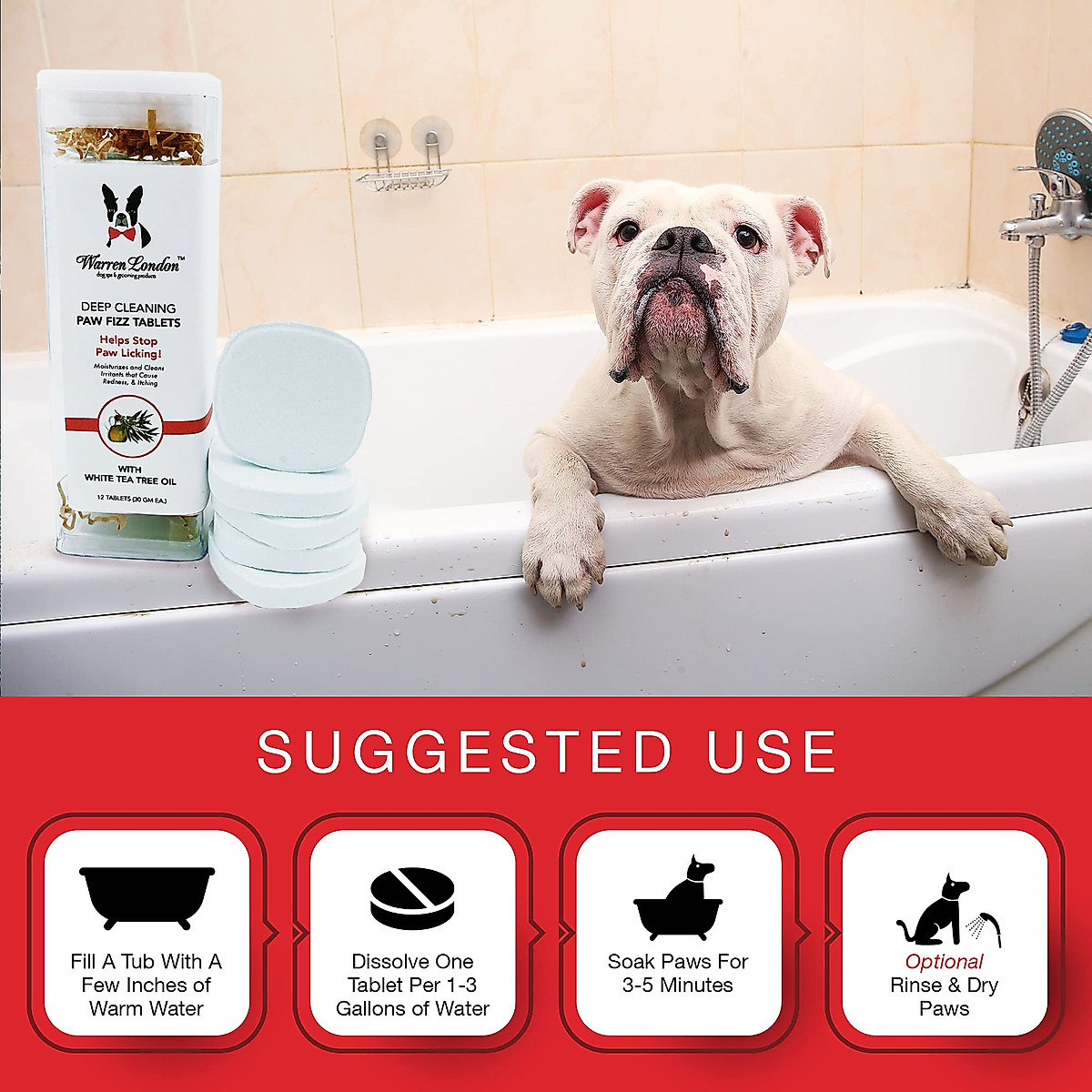 Warren London Deep Cleaning Paw Soak | Soothing Itchy Paw Relief for Dogs with Seaweed, Tea Tree Oil, & Aloe Vera | Anti Licking for Dogs Paws | 5 Minute Paw Spa Service at Home | Tablets & Spray