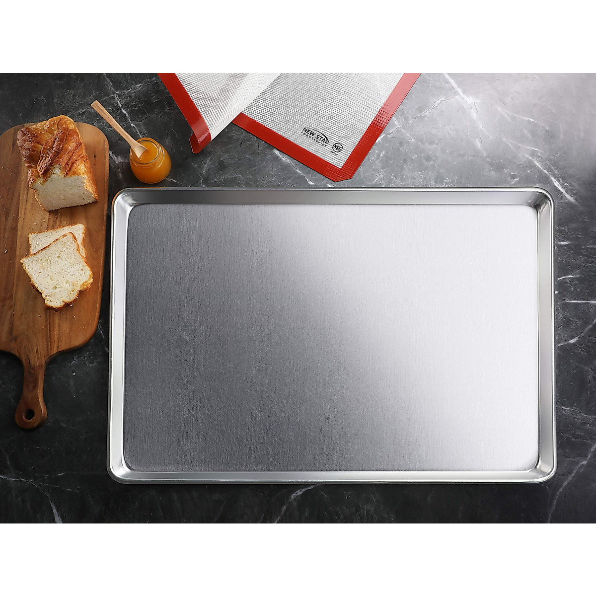 New Star Foodservice 36930 Commercial-Grade 18-Gauge Aluminum Sheet Pan/Bun Pan, 18" L x 26" W x 1" H (Full Size) Pack of 12 | Measure Oven (Recommended)