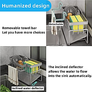 DMJWAN Kitchen Sink Caddy Organizer, 304 Stainless Steel Sponge Holder Sink Caddy with Auto Drain Tray, Holds Sponge, Dish Soap Dispenser, Cleaning Towel, Scrubber, and Utensils