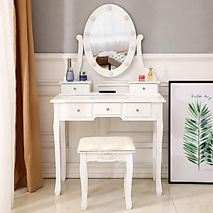 SANGDA Vanity Table Set,5 Drawers Makeup Dressing Desk with Stool Lights Mirror and Stool Set Dressing Table Kit for Girls Women Home Dressing Room Makeup Home Furniture Decor(White,31x15x55inch)