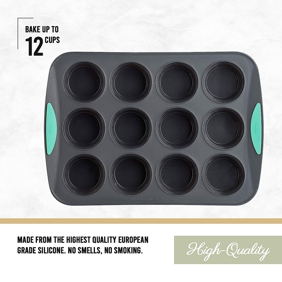 Trudeau Structured Silicone Muffin Pan, 12 Cup, Grey/Mint