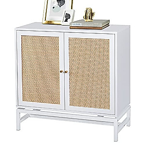 Recaceik Ratten Sideboard Buffet Cabinet/Console Table, Natural Accent Storage Cabinet with 2 Ratten Doors and Metal Legs, Rustic Wood Sideboard Furniture for Bedroom, Kitchen