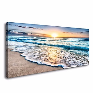 Baisuart S02250 Canvas Prints Wall Art Beach Sunset Ocean Waves Nature Pictures Stretched Canvas Wooden Framed for living Room Bedroom and Office