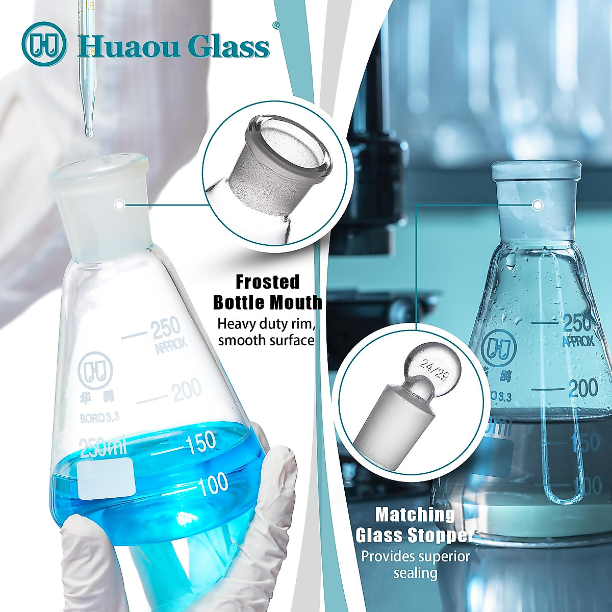 HUAOU 250ml Glass Erlenmeyer Flask Set, 3pcs Laboratory Glassware Flask with Glass Stopper for Chemistry Classroom Home Use, 3.3 Borosilicate Labware Science Flask, Narrow Mouth, Printed Graduation