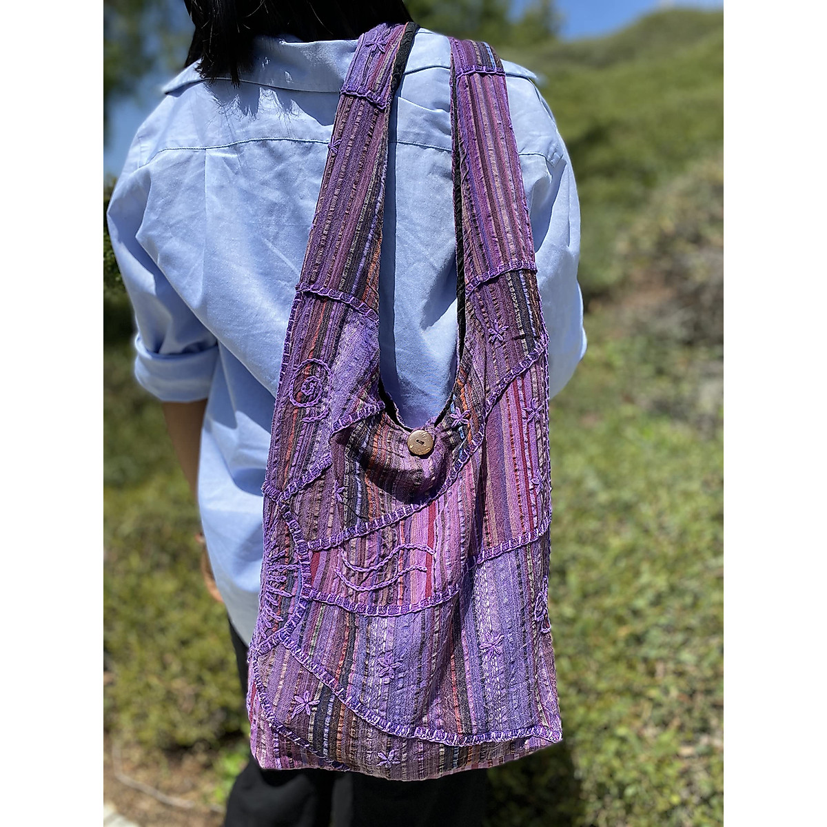 Hand Embroidered Peace and Sunrise Boho Crossbody Hippie Handbag - Unique, Ethical, and Vibrant for the Free-Spirited Soul (Purple)