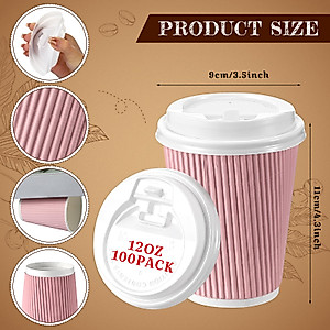 Tioncy 100 Pcs Disposable Coffee Cups with Lids Paper Cups Corrugated Ripple Wall Insulated Hot Cups with Lids for Coffee Juice Dinks Home Office Restaurant Cafe Coffee Bar Supplies (Pink,12 oz)
