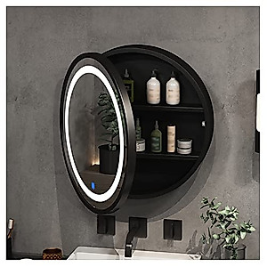 Round Bathroom Mirror Cabinet, Led Medicine Cabinet Wall Mounted, Recessed Mirror Cabinet with Light, with Storage Shelf (Color : Black, Size : 70cm)