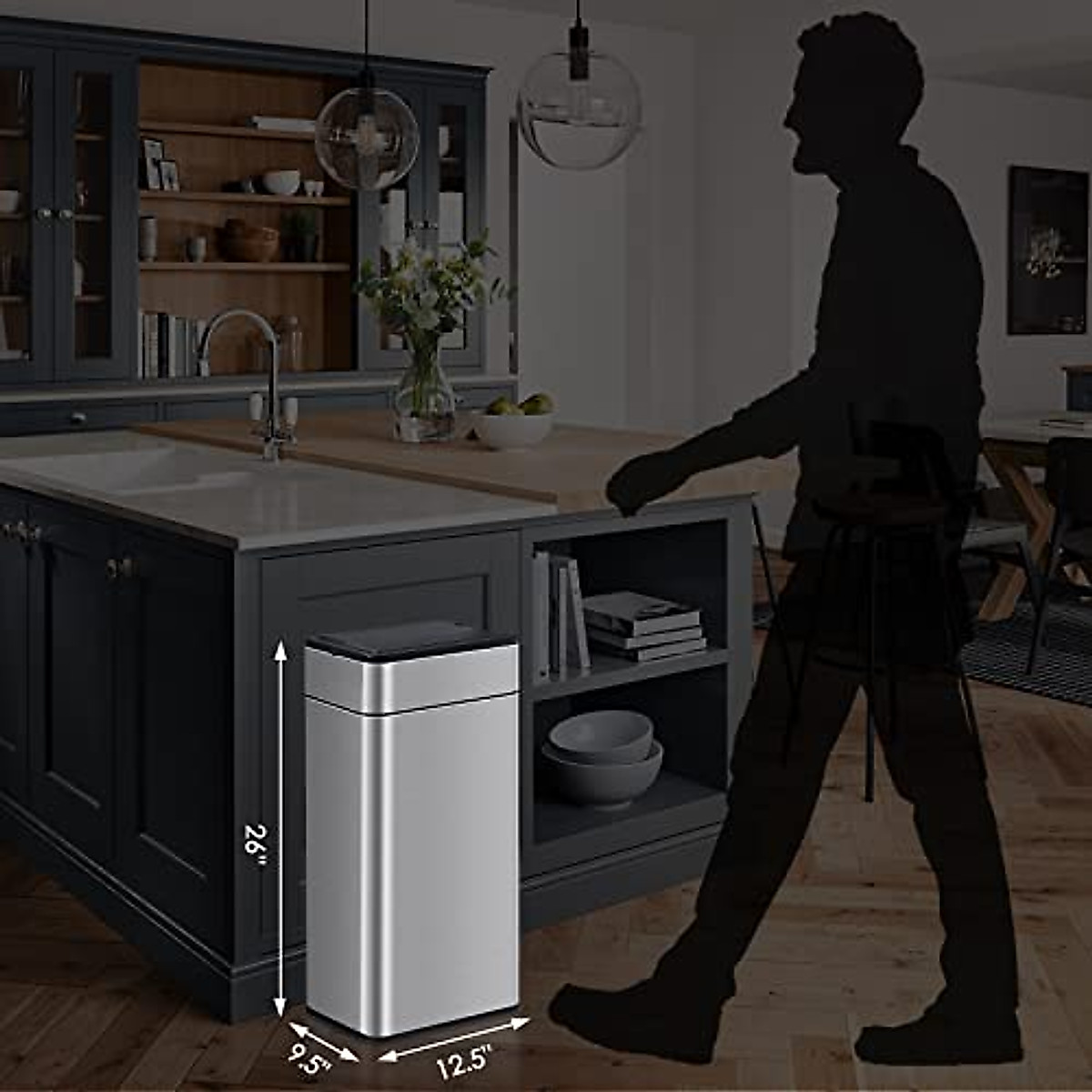 Kitchen Trash Can - ELPHECO - 40 Liter / 10.6 Gallon Automatic Trash Can with Butterfly Lid, Brushed Stainless Steel Finish, Motion Sensor Garbage Can for Kitchen, Office, Living Room, Outside, 6 AAA Batteries (Excluded)