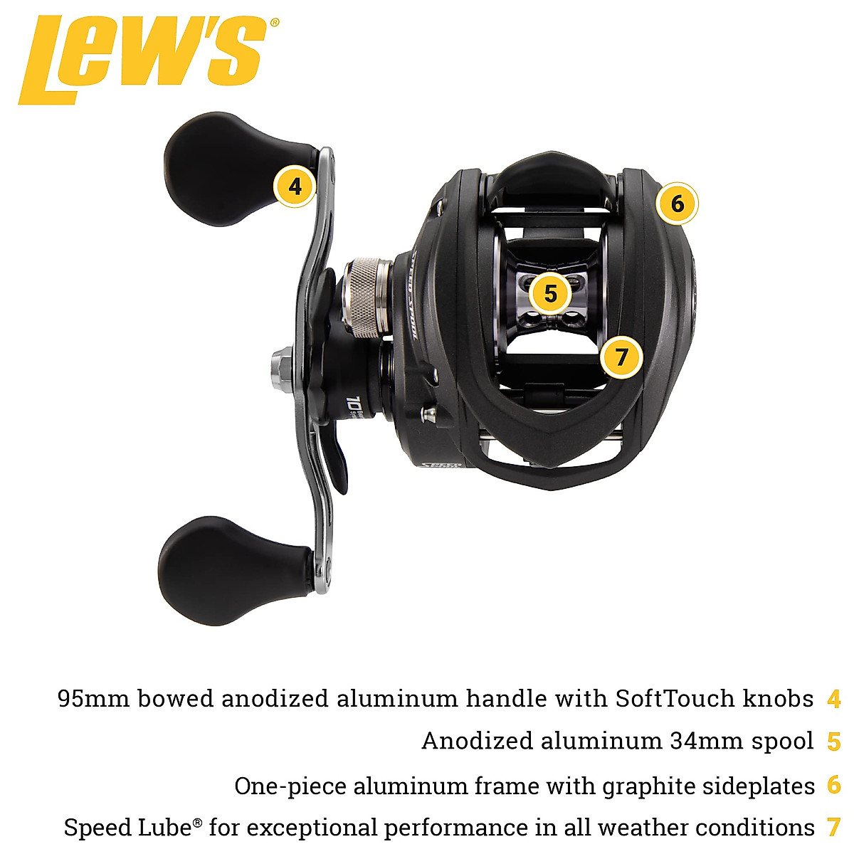 Lews Fishing SS1SHA Speed Spool LFS Baitcasting Reel, 7.5: 1 Gear Ratio, 9Ss+1Rb Bearings, Right Hand, ALUMINUM