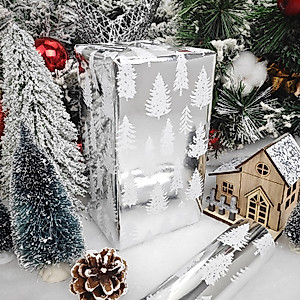 LDGOOAEL Reversible Christmas Wrapping Paper Jumbo Roll - Silver Holiday Tree & Stripes - 30 inches x 100 Feet