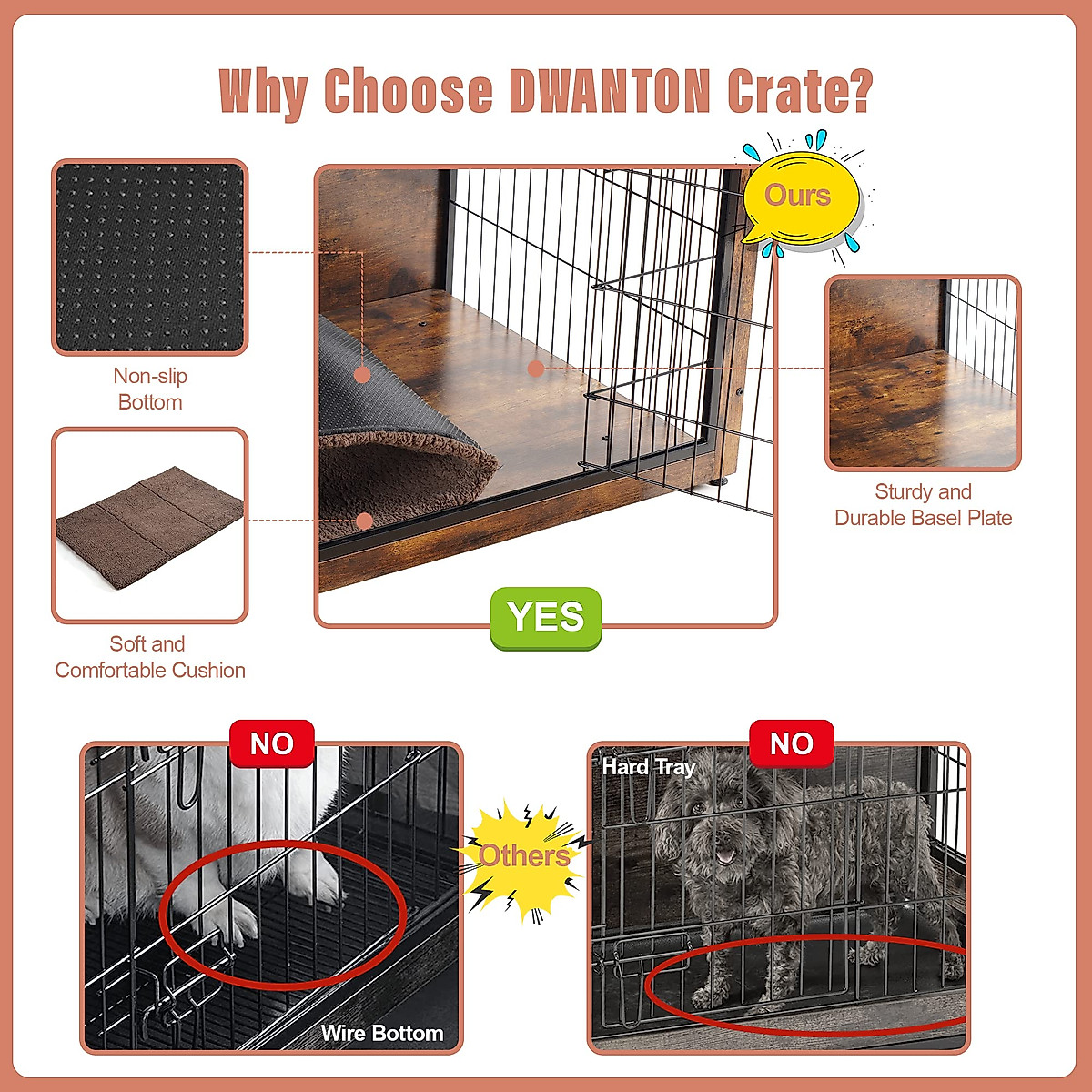 DWANTON Dog Crate Furniture with Cushion, Wooden Dog Crate with Double Doors, Dog Furniture, Dog Kennel Indoor for Small/Medium/Large Dog，End Table, Small, 27.2" L, Rustic Brown