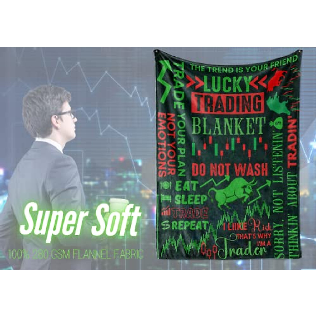 Stock Market Gifts, Lucky Trading Blanket for Men and Women, Flannel Throw Blanket for Trader, Broker, Financial Advisor, Investor, and Investment Lover (50"x 65")