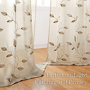 HOMEIDEAS Taupe Sheer Curtains 52 X 84 Inches Long 2 Panels Beige Embroidered Leaf Pattern Pocket Faux Linen Floral Semi Sheer Voile Window Curtains/Drapes for Bedroom Living Room