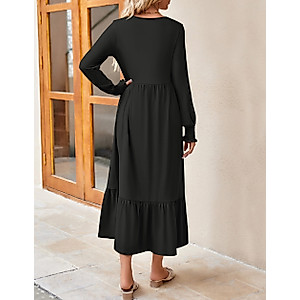 ZESICA Women's Spring Long Sleeve Dress 2025 Crewneck Casual Loose Pleated Tiered Swing Midi Dresses with Pockets,Black,Large