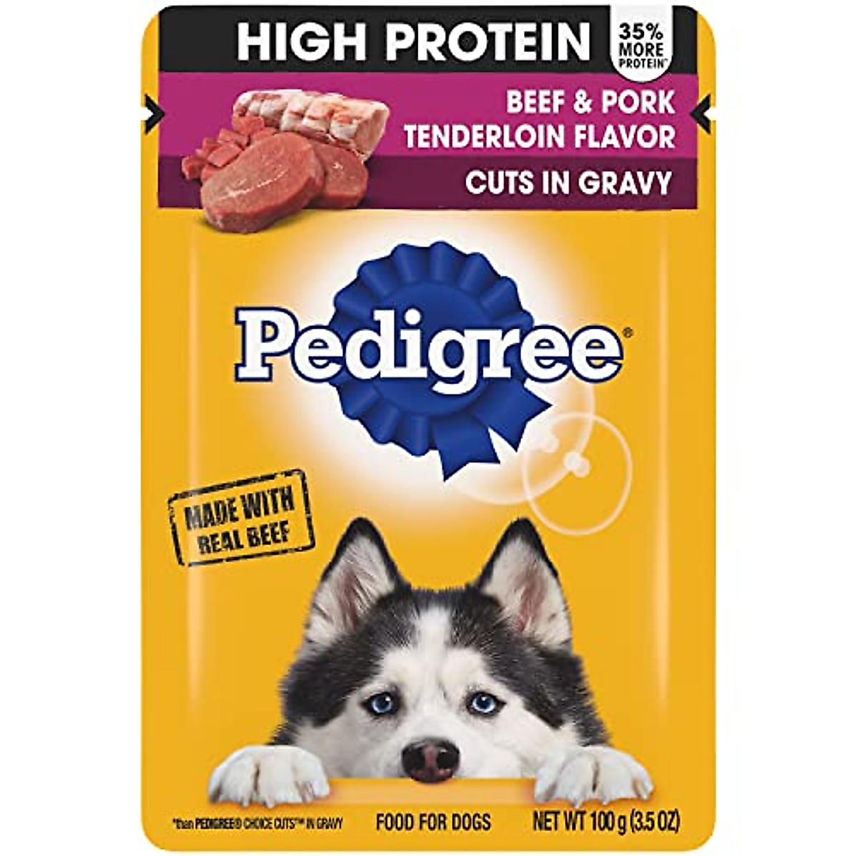 Pedigree High Protein Wet Dog Food Pouches, Beef and Pork Tenderloin Flavor Cuts in Gravy, 3.5 oz. Pouches, 16 Count