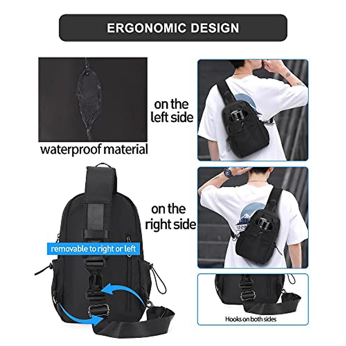 Black Sling Crossbody Bag for Men Women, Tactical Backpack Shoulder Daypack Mini Anti-Theft Cross Body Motorcycle Chest Bags, Small One Strap Backpack for Casual Travel Hiking Outdoor Sports