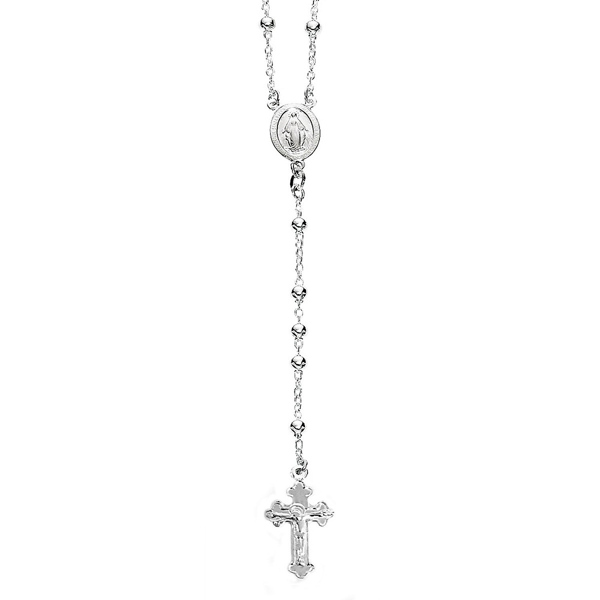 Ritastephens Italian Sterling Silver 3mm Rosary Bead Virgin Mary Cross Necklace, 24"