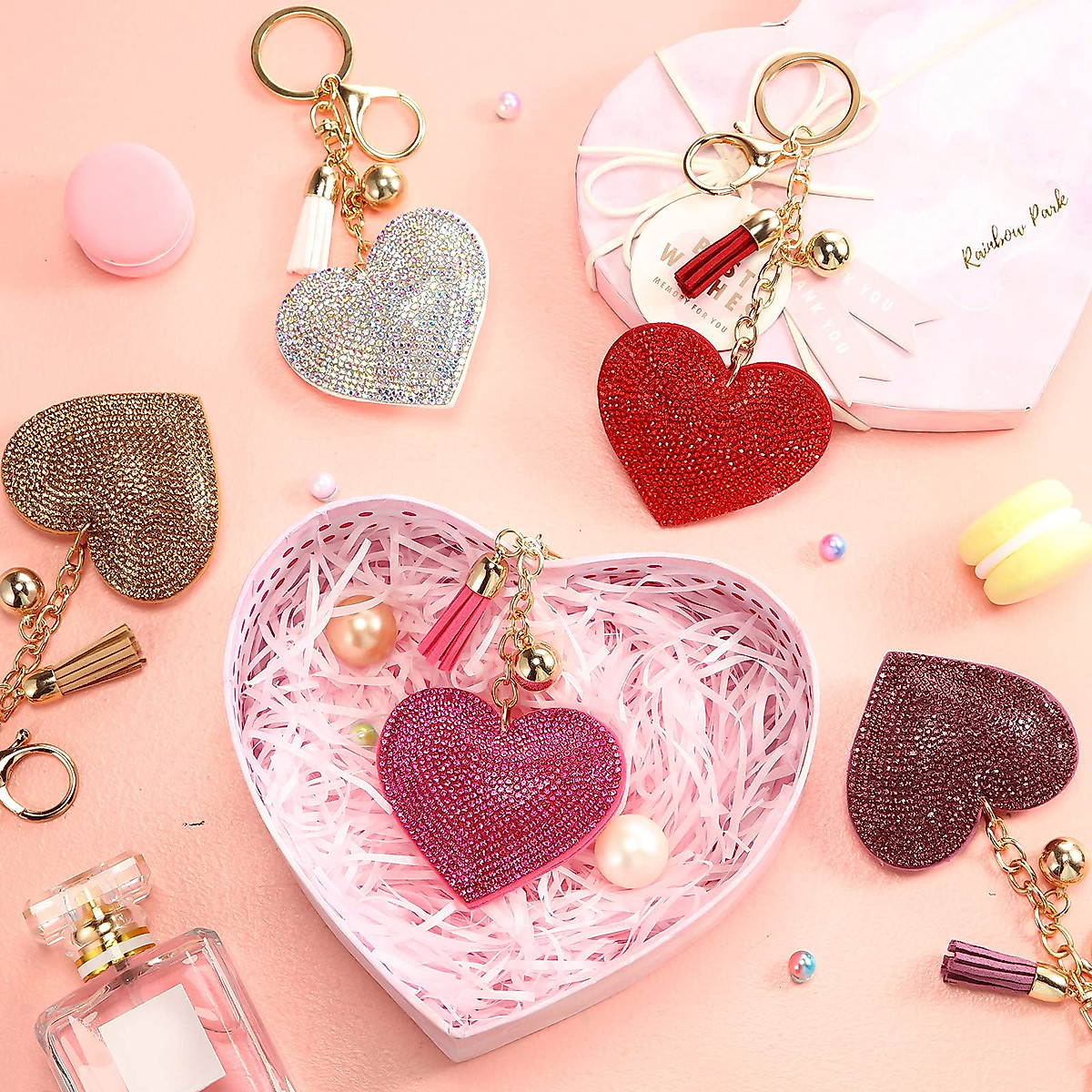 Bling Rhinestone Heart Shape Keychains Glitter Crystal Heart Tassel Keychains Key Rings for Women Girls (Mixed Color, 10)
