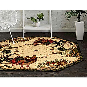 Unique Loom Barnyard Collection French Country Inspired Cottage Rooster Design Area Rug (5' 0 x 5' 0 Octagon, Ivory/Olive)