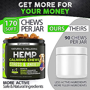Hemp Calming Chews for Dogs with Anxiety and Stress - 170 Dog Calming Treats - Storms, Barking, Separation - Valerian Root - Melatonin - Hemp Oil - Dog Anxiety Relief - Made in USA | Soft Chews