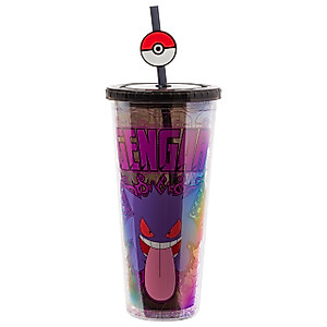 Silver Buffalo Pokemon Plastic Cold Cup with Lid and Straw Topper Featuring Genger, 24 Ounces