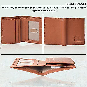 Mens Leather Wallet Rfid Blocking Slim Bifold Front Pocket Flip ID Window With 12 Slots | Real Chrome Free Leather | Multiple Card Holder | Compact Premium Best Handmade Gift (Tan)