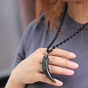 Jewever Black Obsidian Wolf Tooth Necklace Natural Stone Healing Crystal Pendant with Extend Bead Chain Unisex
