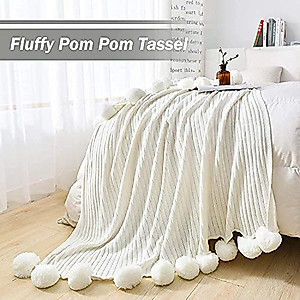 Fomoom Pom Pom Throw Blanket, Knit Blanket with Pompom Tassels, Decorative Cotton Blanket for Easter Gift, Lightweight Pom Poms Knitted Blanket (Off-White, 39"x59")
