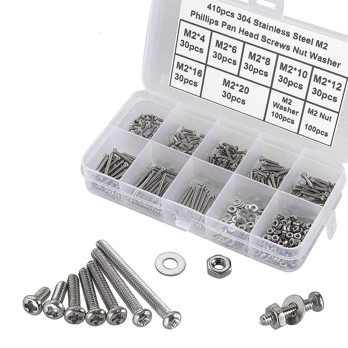 HanTof 410Pcs Tiny Phillips Pan Head Machine Screws Bolts, 18-8 Stainless Steel, M2 x 4/6/8/10/12/16/20mm, Micro/Mini Round Head Screws Nuts and Washers Assortment Kit, Fully Threaded Pitch: 0.4mm
