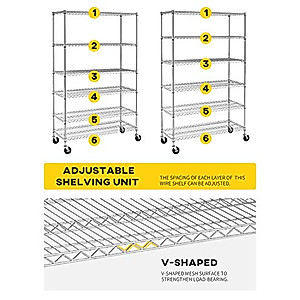 BestMassage Wire Shelving Unit Heavy Duty Garage Storage Shelves Large Metal Shelf Organizer 6-Tier Height Adjustable Commercial Grade Utility Steel Storage Rack with Wheels,18 x 48 x 72 (Chrome)