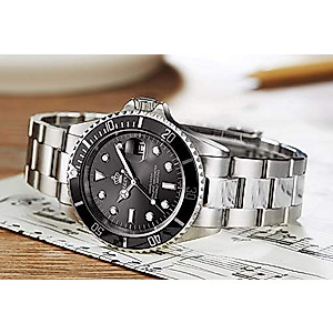 Reginald Men's Watch Luminous Quartz Rotatable Bezel Sapphire Glass Silver Stainless Steel Band and Case Waterproof Sports Black Watch